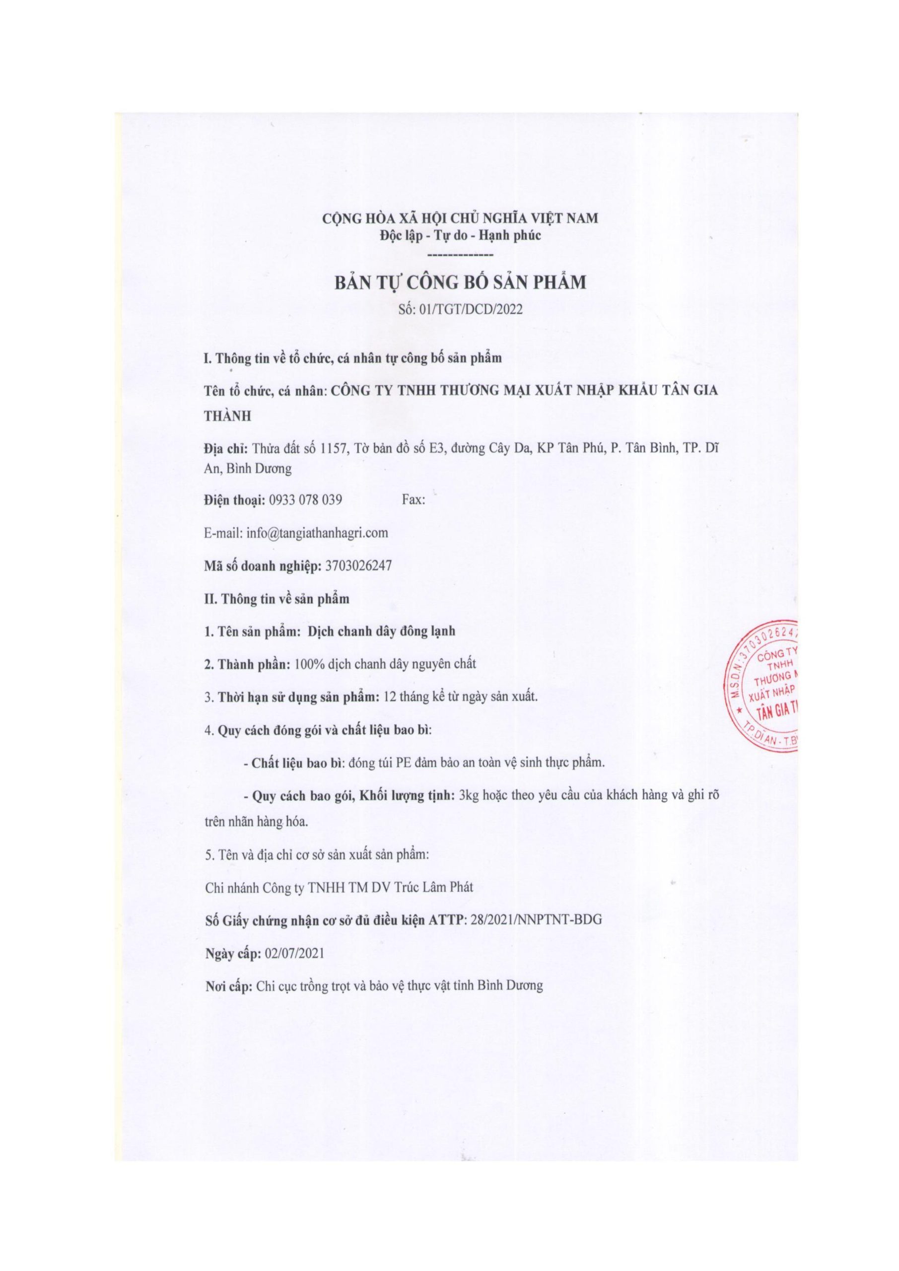Tự công bố sản phẩm dịch chanh dây đông lạnh - www.sieuthidonglanh.com
